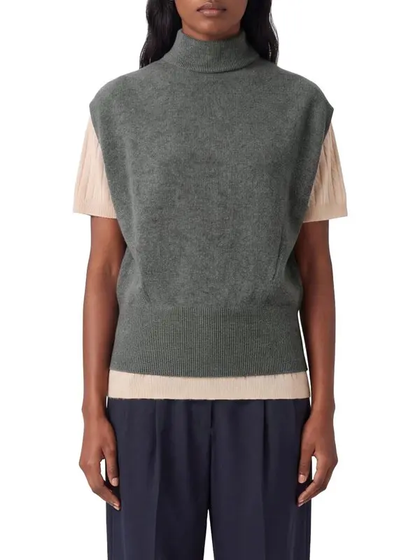 SEMICOUTURE Slim Fit Wool And Cashmere Blend Sleeveless Mock Neck Top - Grey