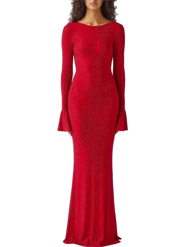 TWENTY FOURHAITCH Long Sheath Evening Gown In Jersey With Rhinestones And Flared Cuffs - Red
