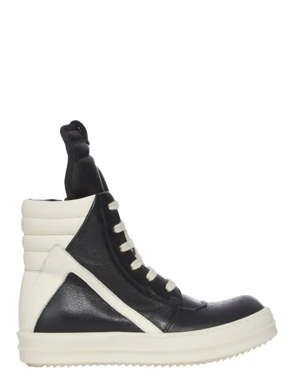 Rick Owens Geometric Panel Leather Sneakers With Extended Tongue And Inside-ankle Zip - Nero