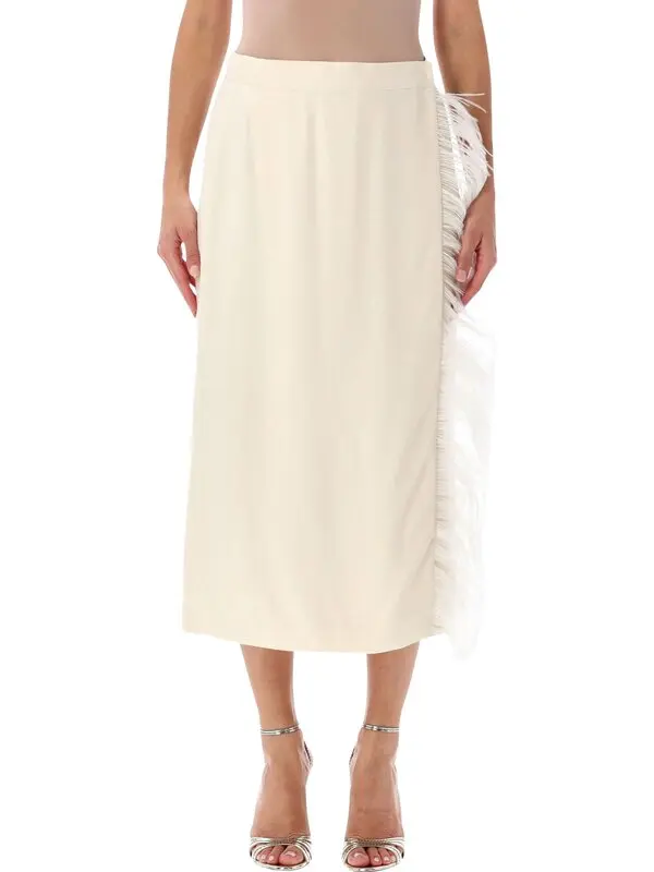 Alberta Ferretti Asymmetric Wrap Midi Skirt With Feather Trim - Off-white
