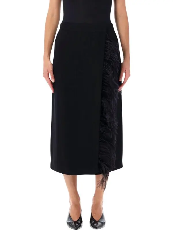 Alberta Ferretti Wrap Midi Skirt With Feather Trim And Asymmetric Front - Nero