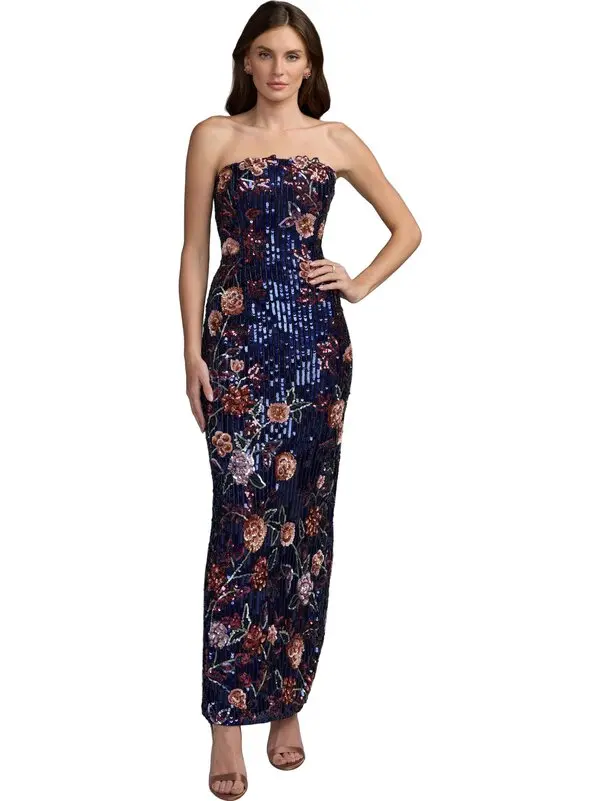 Mac Duggal Midnight Multi Floral Embellished Strapless Column Dress - Navy