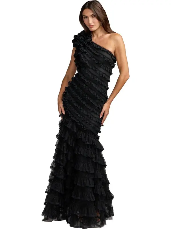 Mac Duggal Sleeveless One Shoulder Lace Trim Ruffle Gown - Black