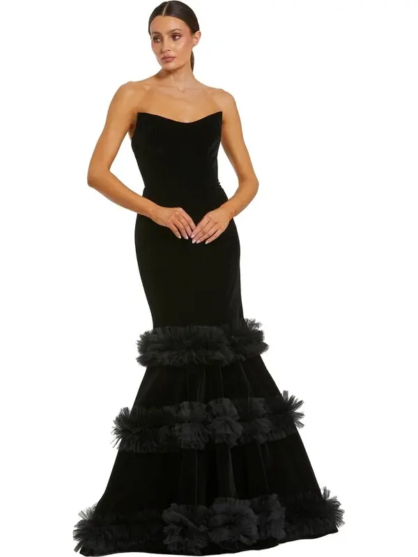 Mac Duggal Strapless Velvet Mermaid Gown With Tiered Ruffles - Black