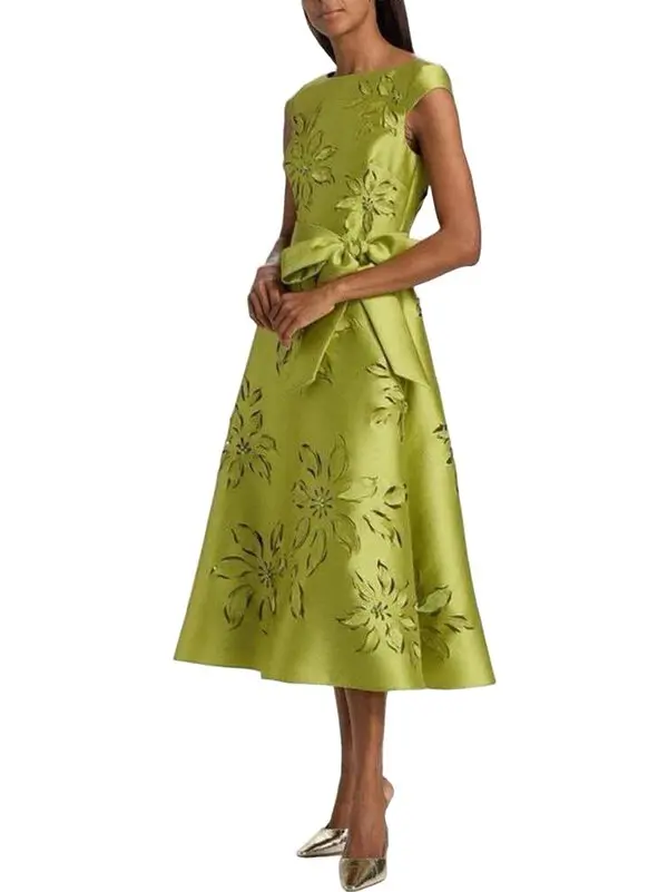 Badgley Mischka Laser-cut Floral-embroidered Tie-waist Midi Dress - Chartreuse