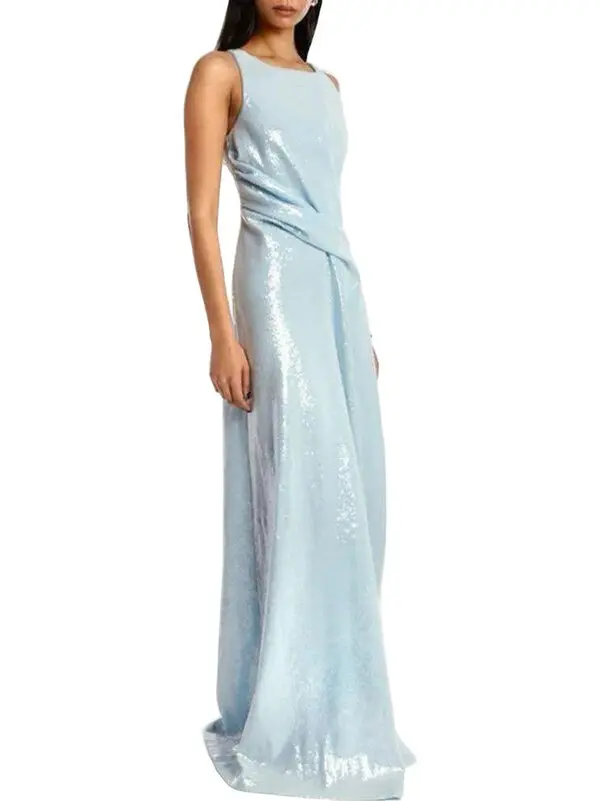 KATE BARTON Kate Draped Sequin Column Gown - Light Blue