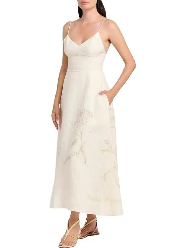 Alberta Ferretti Floral-print Sleeveless Linen Midi Summer Dress - Multi