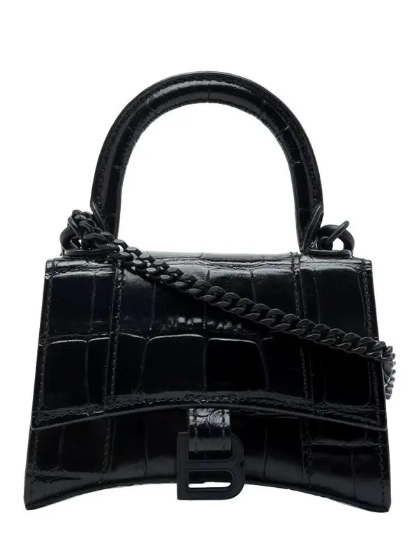 Balenciaga 2021 Mini Croc Embossed Calfskin Hourglass Top Handle Bag Satchel - Black