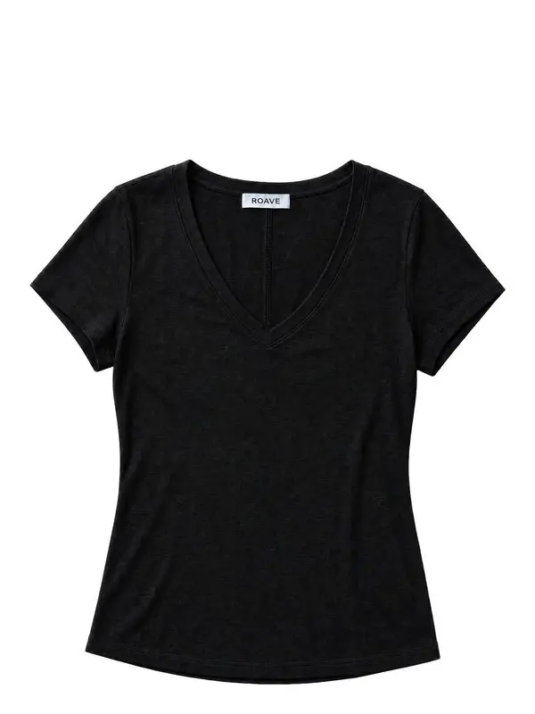 ROAVE Fitted Linen Blend V Necked T-shirt - Black