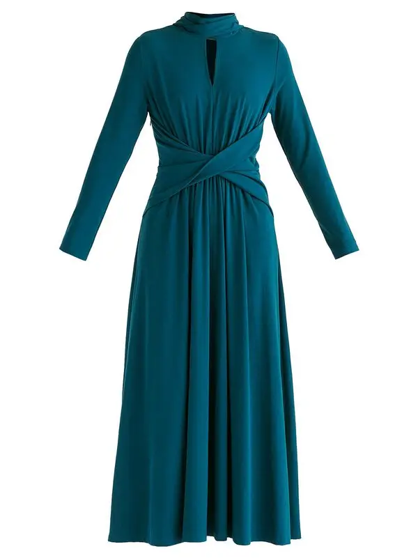 PAISIE Lyocell Jersey Midi Dress With Cross Front Waist And Convertible Scarf In Ocean - Blue