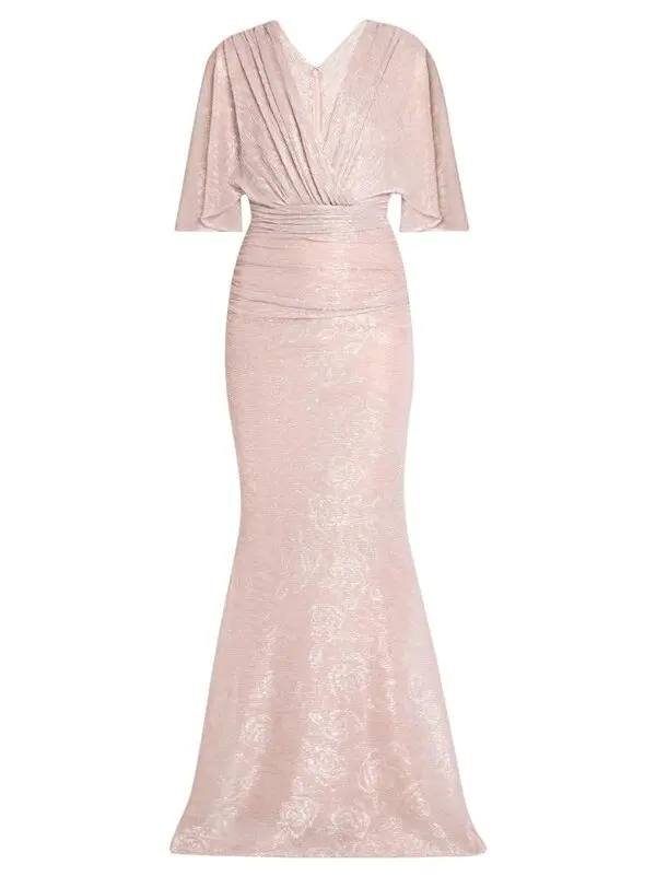 Talbot Runhof Floral Metallic Draped V-neck Gown - Marble