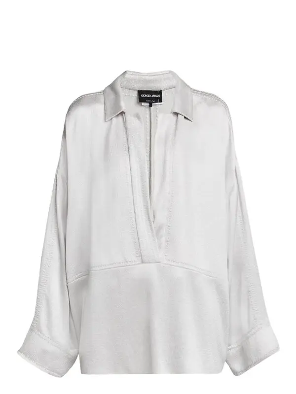 Giorgio Armani Hammered Satin Plunging Collared Shirt - Silver
