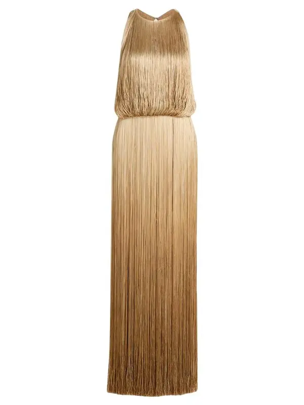 Oscar De La Renta Sleeveless Ombre Fringe Maxi Dress - Oyster