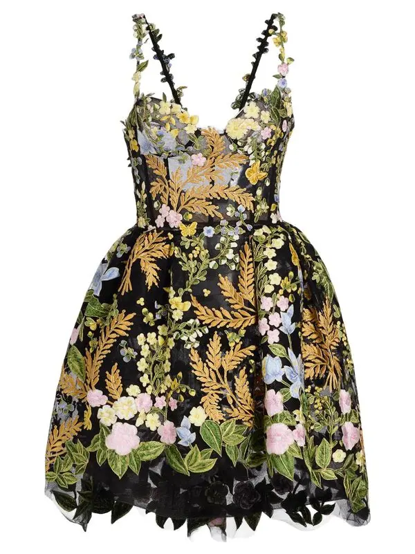 Oscar De La Renta Mixed Botanical Embroidered Tulle High-low Bustier Dress - Multi