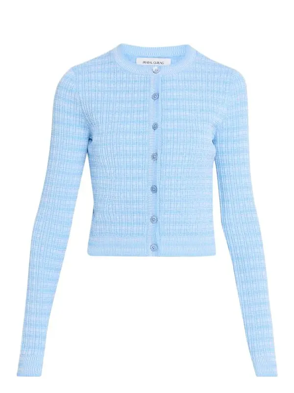 Prabal Gurung Striped Rib Knit Fitted Crewneck Cardigan - Light Blue