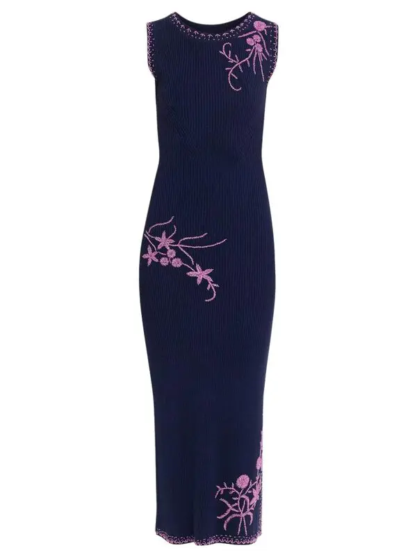 Prabal Gurung Floral Bead Embroidered Rib Knit Midi Dress - Navy