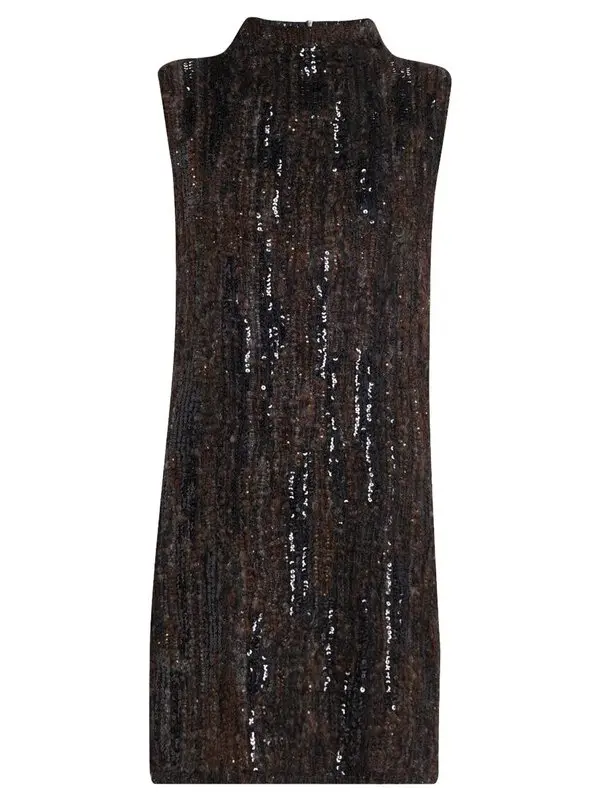 Brunello Cucinelli Sequined Boucle Knit Sleeveless Mini Dress - Anthrancite