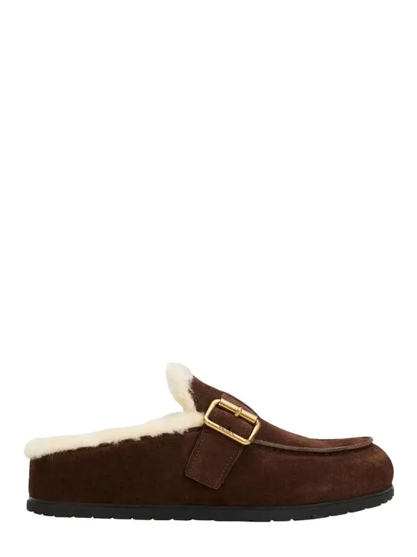Prada Shearling-lined Suede Buckle Clogs - Moro