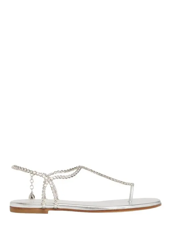 GIANVITO ROSSI Metallic Leather Crystal Flat Sandals - Silver