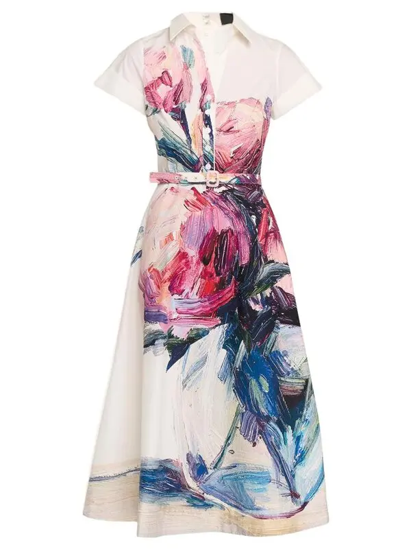 Rickie Freeman For Teri Jon Cotton Floral Short-sleeve Shirtwaist Dress - White Multi