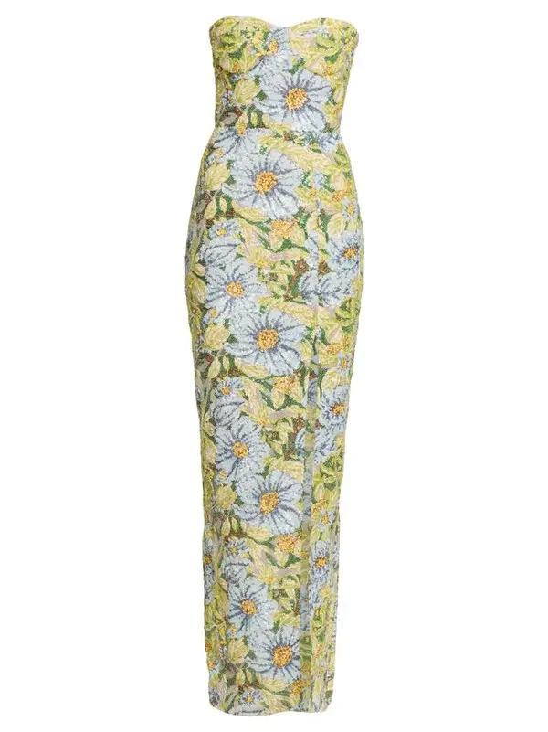 BRONX BANCO Veronica Strapless Floral Sequin Column Gown - Yellow Multi