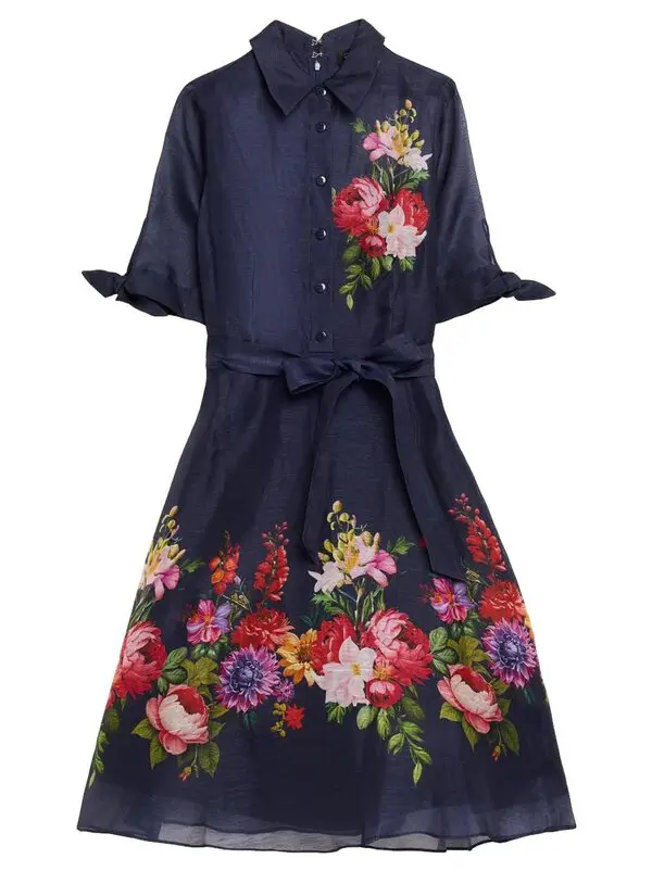 Rickie Freeman For Teri Jon Silken Linen Floral-print Shirtdress - Navy Multi