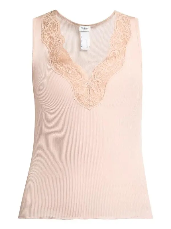 Saint Laurent Ribbed Silk Laced Tank Top - Beige