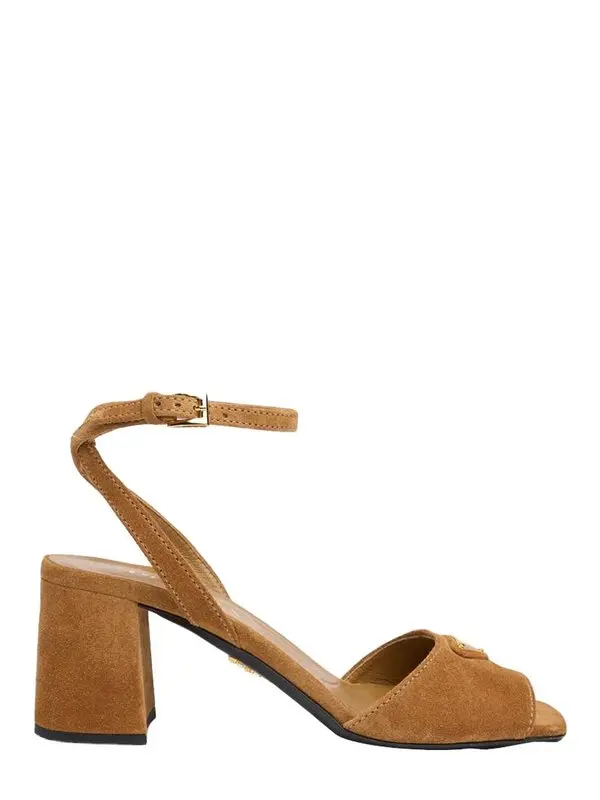 Prada 65mm Triangle Logo Suede Block-heel Sandals - Cannella