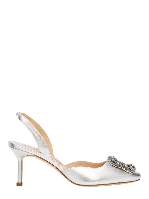 Manolo Blahnik 70mm Hangisli Metallic Leather Slingback Pumps With Crystal Buckle - Silver