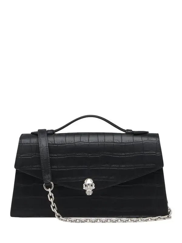 Alexander McQueen Skull Top-handle Bag In Croc-effect Leather - Black/silver