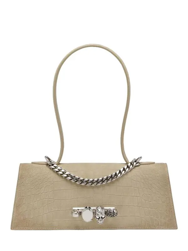 Alexander McQueen Jewelled Croc-embossed Suede Top-handle Bag - Putty/silver