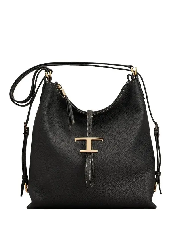 TOD'S T Timeless Grain Leather Shoulder Bag - Nero