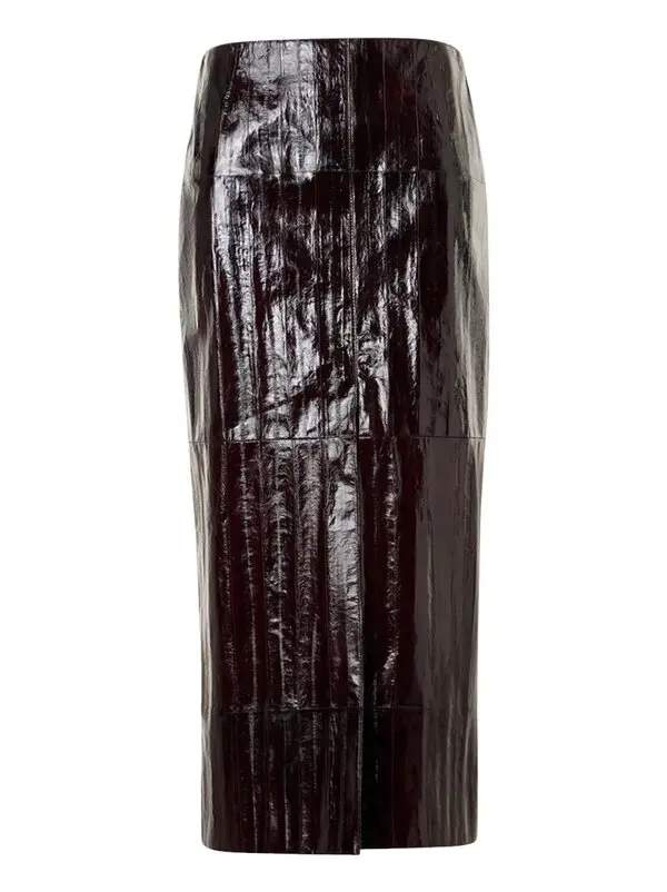 Akris Lacquered Eel Leather Slit Midi Pencil Skirt - Coffee