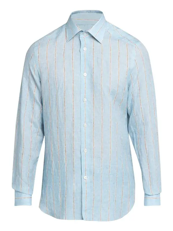 Kiton Linen Stripe Button-down Shirt With Mother-of-pearl - Navy