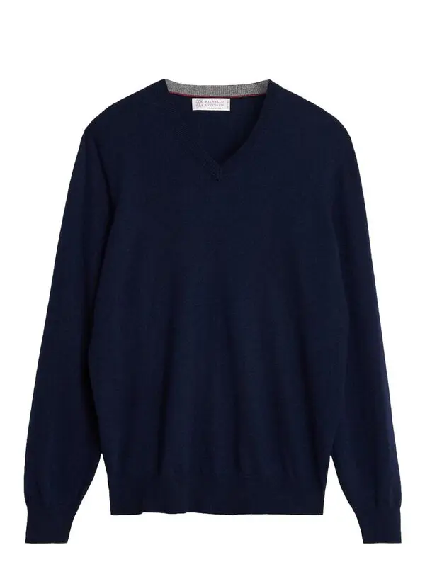 Brunello Cucinelli Cashmere Classic Fit V-neck Sweater - Navy