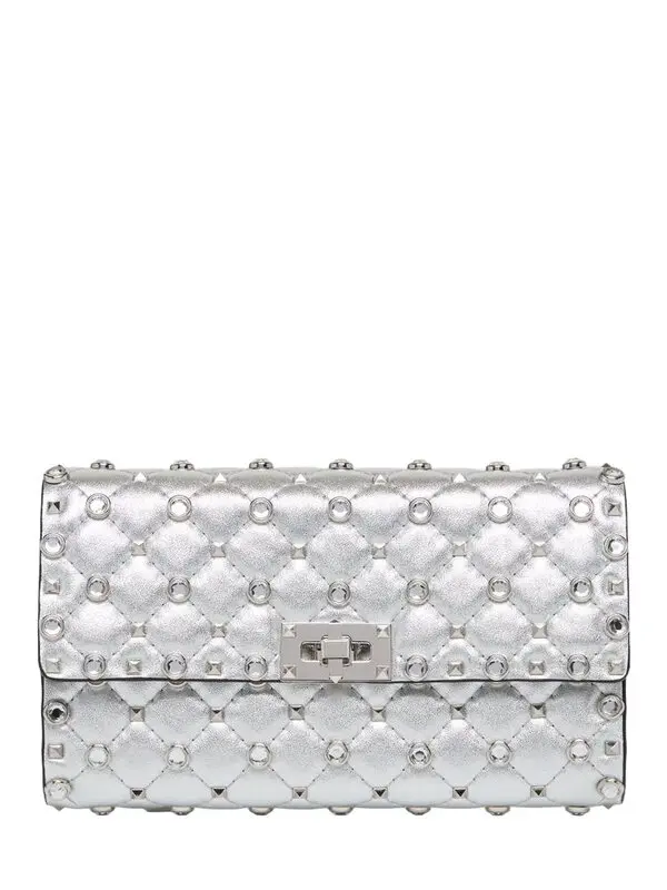 Valentino Garavani Quilted Metallic Leather Rockstud & Rhinestone Shoulder Bag - Silver