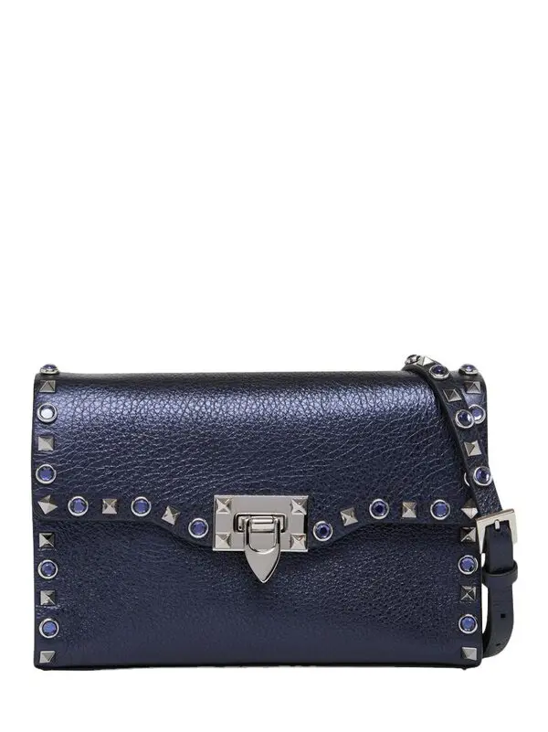 Valentino Garavani Small Rockstud & Rhinestone Metallic Leather Crossbody Bag - Navy