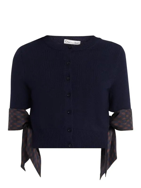 Oscar De La Renta Argyle Silk Cuffs Crop Crewneck Cardigan - Navy