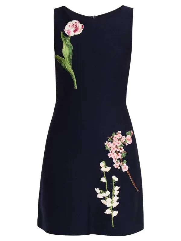 Oscar De La Renta Sleeveless Floral Embroidered Wool Knit Mini Dress - Navy