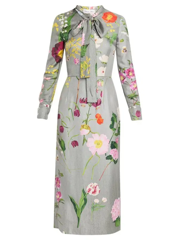 Oscar De La Renta Long-sleeve Mixed Botanical Silk Scarf-neck Midi Dress - Grey Multi