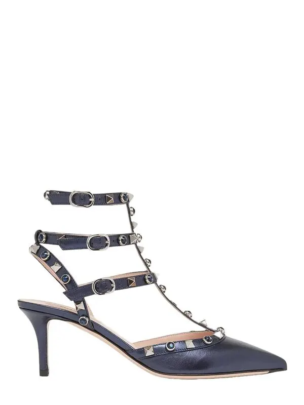 Valentino Garavani 65mm Rockstud Metallic Leather Ankle-strap Pumps - Navy