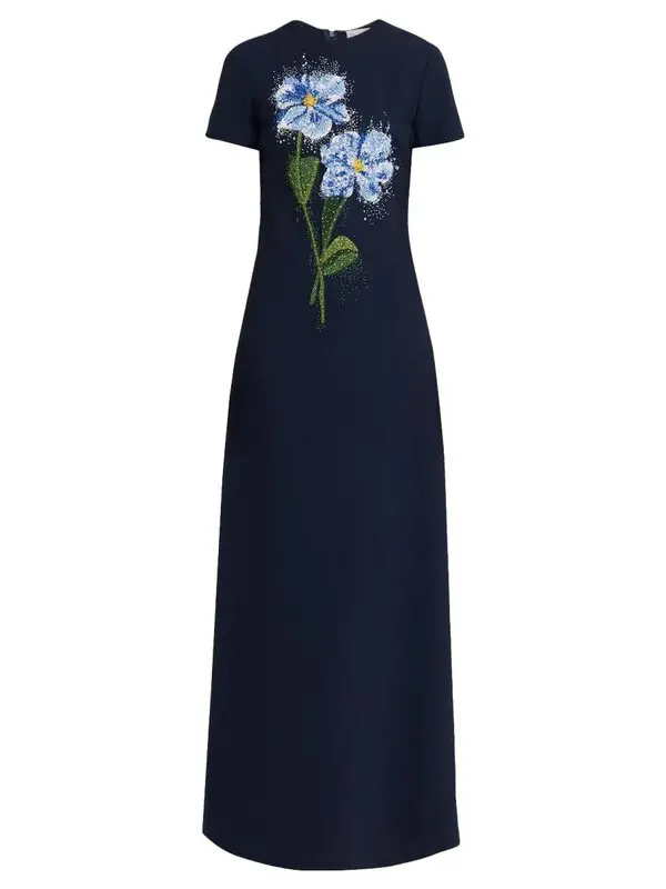 Oscar De La Renta Floral Beaded Short-sleeve A-line Gown - Navy
