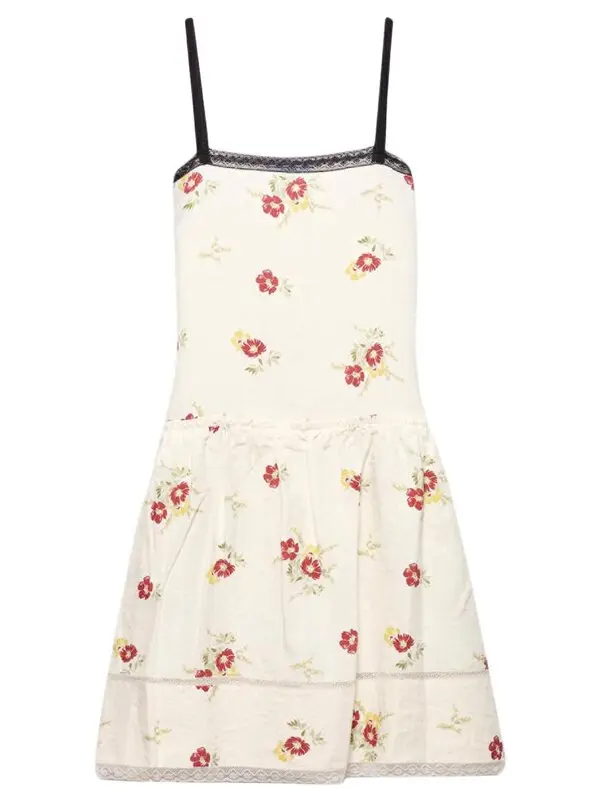 Prada Floral Embroidered Linen Mini Dress - Ruby