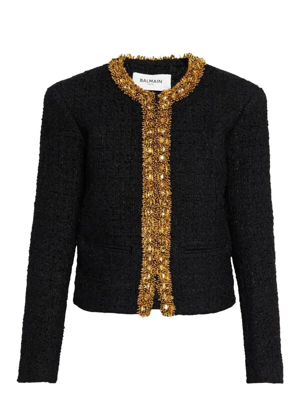Balmain Beaded Metallic Tweed Collarless Jacket - Noir