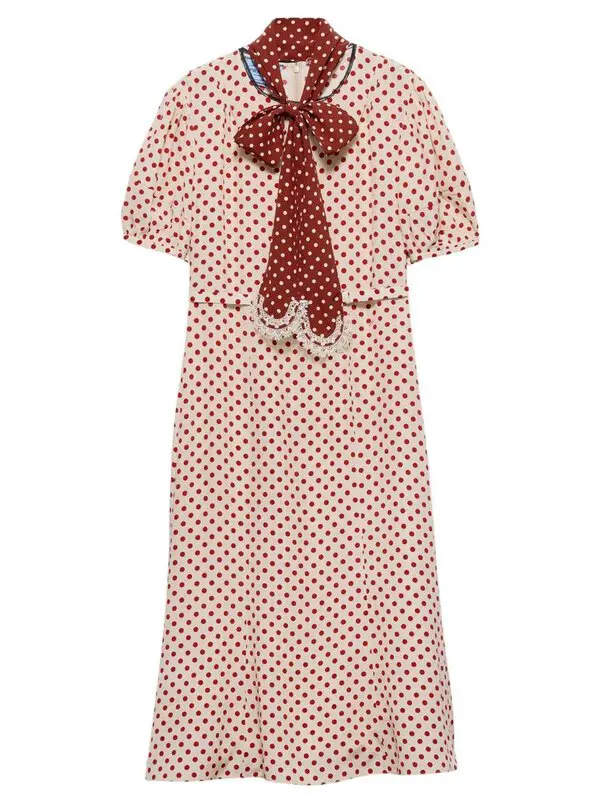Prada Polka-dot Silk Puff-sleeve Midi Dress - Sable