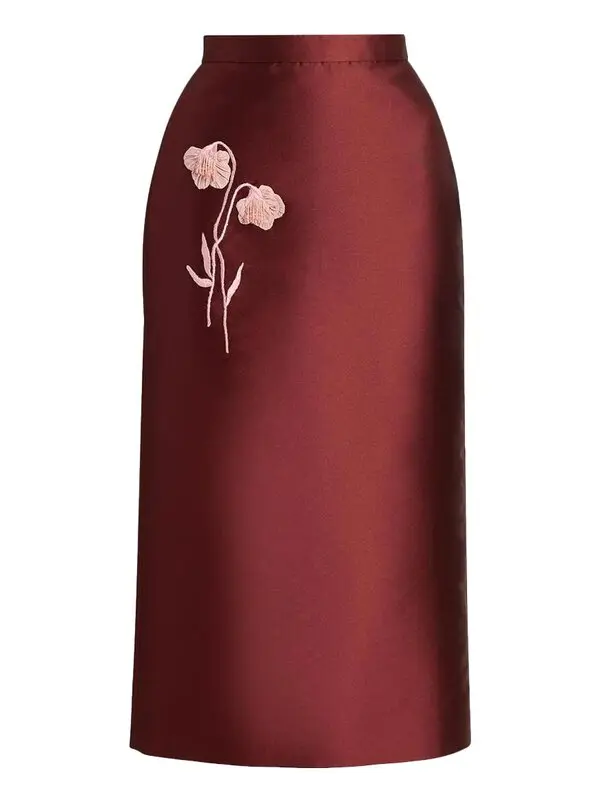 Erdem Floral Embroidered Mikado Silk Midi Skirt - Bordeaux