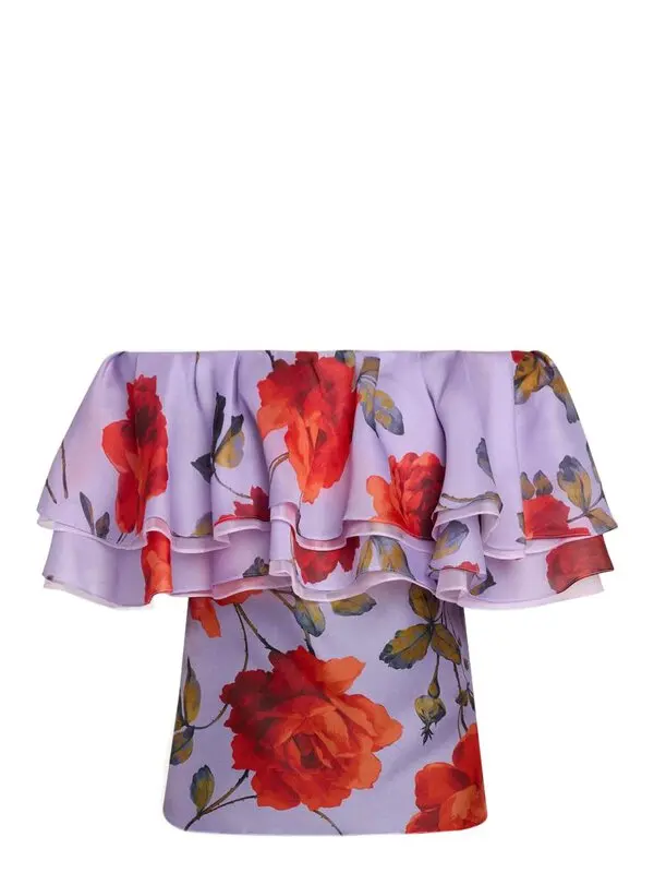 Carolina Herrera Rose Chiffon Off-the-shoulder Ruffle Top - Violet Multi