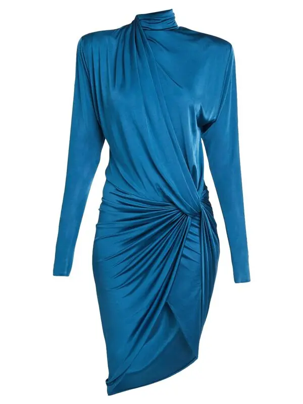 Balmain Strong-shoulder Draped Jersey Long-sleeve Dress - Blue