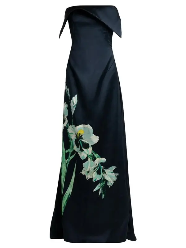 Erdem Floral Duchess Satin Strapless Gown - Navy Multi