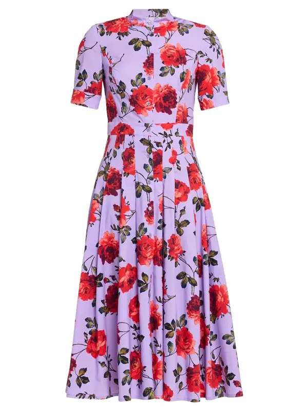 Carolina Herrera Carnation-print Short-sleeve Pleated Midi Shirtdress - Violet